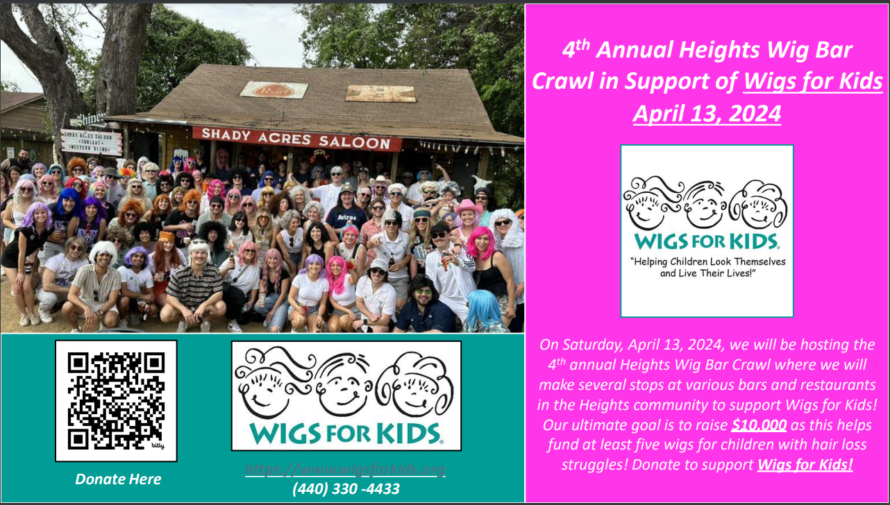 Saturday April 13th, 4th Annual Heights Wig Bar Crawl - Wigs For Kids